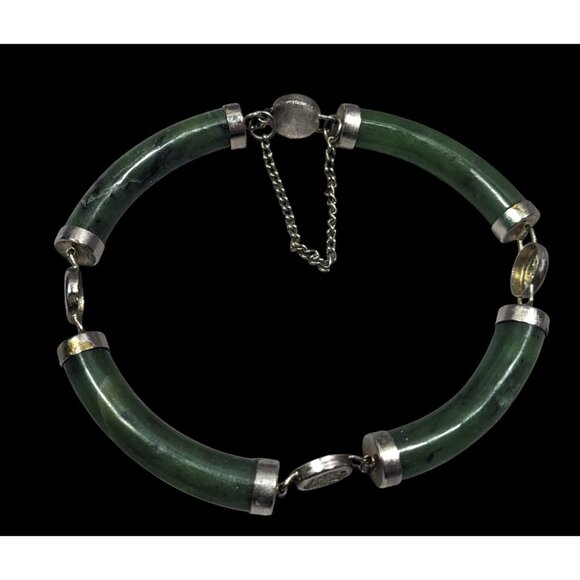 Jewelry | Vintage Green Jade Link Bracelet With Silver Tone Accents ...